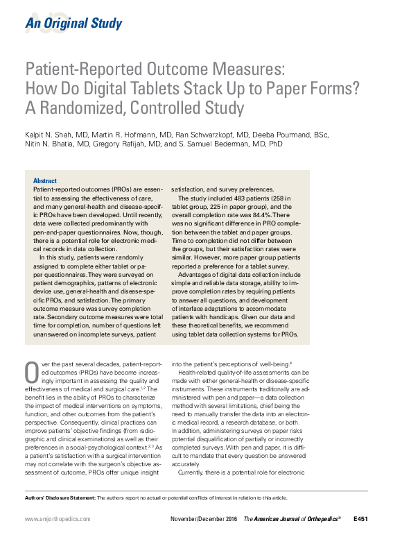 (PDF) Patient-Reported Outcome Measures: How Do Digital Tablets Stack Up to Paper Forms? A ...