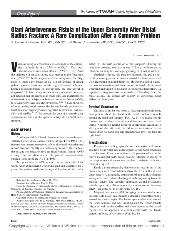 (PDF) Giant Arteriovenous Fistula of the Upper Extremity After Distal ...