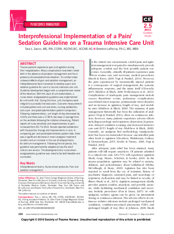 (PDF) Interprofessional Implementation of a Pain/Sedation Guideline on a Trauma Intensive Care Unit
