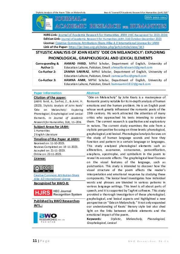 (PDF) STYLISTIC ANALYSIS OF JOHN KEATS' 'ODE ON MELANCHOLY': EXPLORING ...
