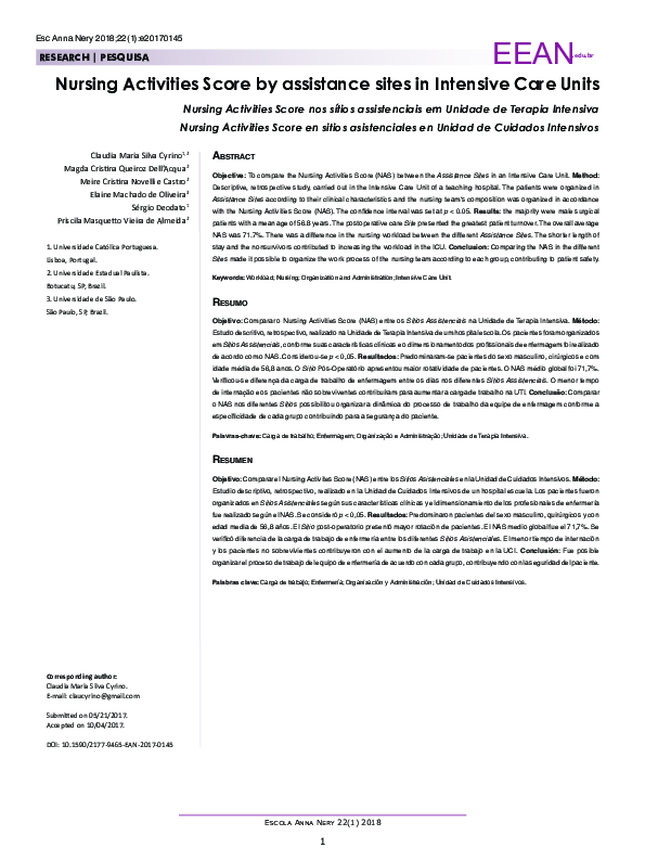 (PDF) Nursing Activities Score en sitios asistenciales en Unidad de ...