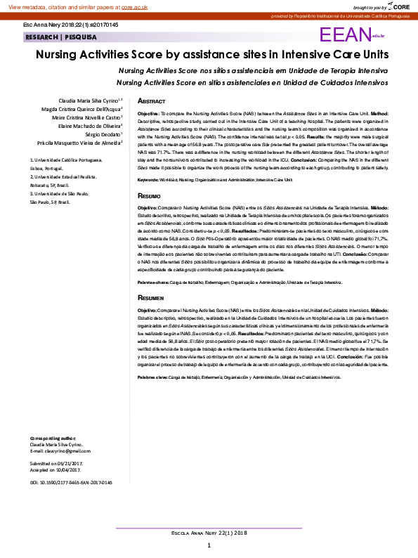 (PDF) Nursing Activities Score nos sítios assistenciais em Unidade de ...