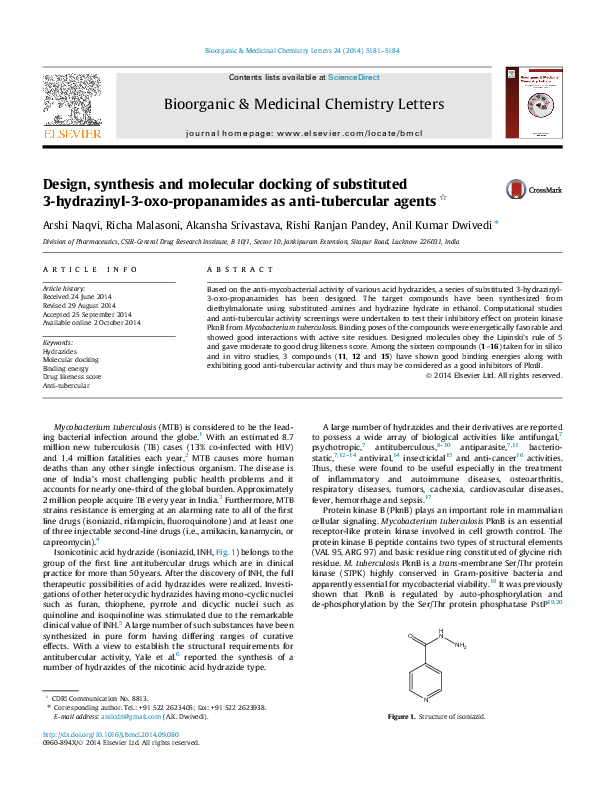 (PDF) Design, synthesis and molecular docking of substituted 3-hydrazinyl-3-oxo-propanamides as ...