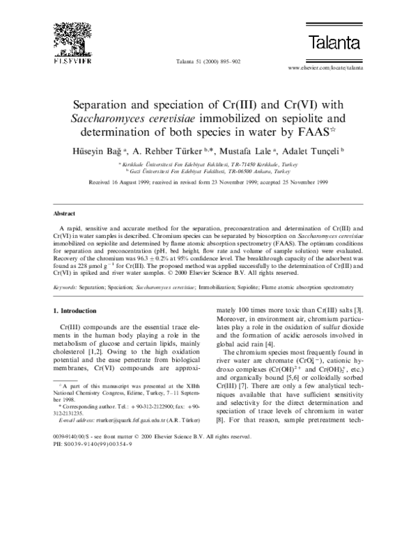 Pdf Separation And Speciation Of Cr Iii And Cr Vi With Saccharomyces Cerevisiae Immobilized