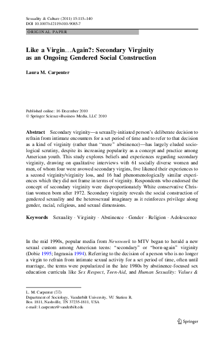 (PDF) Like a Virgin…Again?: Secondary Virginity as an Ongoing Gendered Social Construction