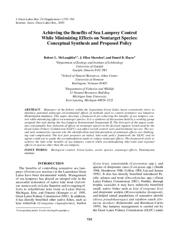 (PDF) Achieving the Benefits of Sea Lamprey Control While Minimizing ...