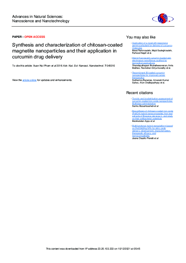 (PDF) Synthesis and characterization of chitosan-coated magnetite nanoparticles and their ...