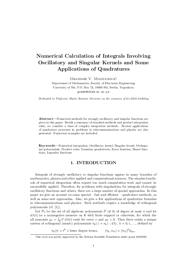 (PDF) Numerical calculation of integrals involving oscillatory and singular kernels and some ...