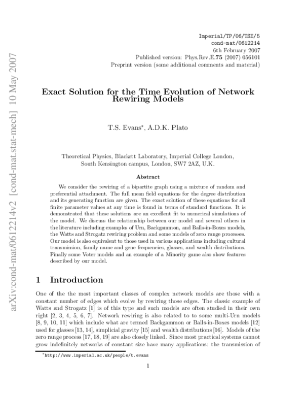 (PDF) Exact solution for the time evolution of network rewiring models