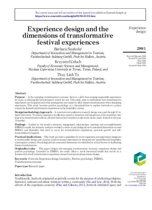 (PDF) Experience design and the dimensions of transformative festival experiences
