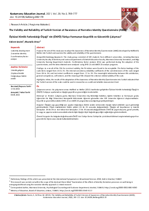 Pdf The Validity And Reliability Of Turkish Version Of Awareness Of Narrative Identity