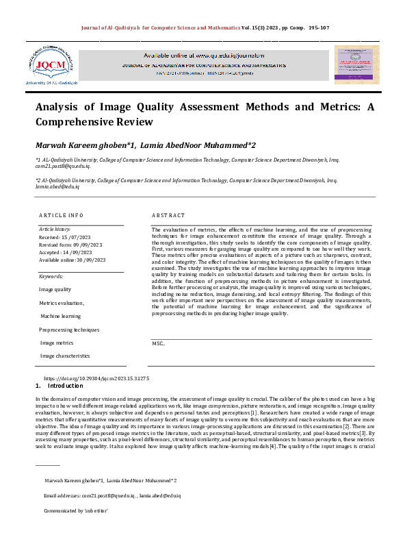 (PDF) Analysis of Image Quality Assessment Methods and Metrics: A ...