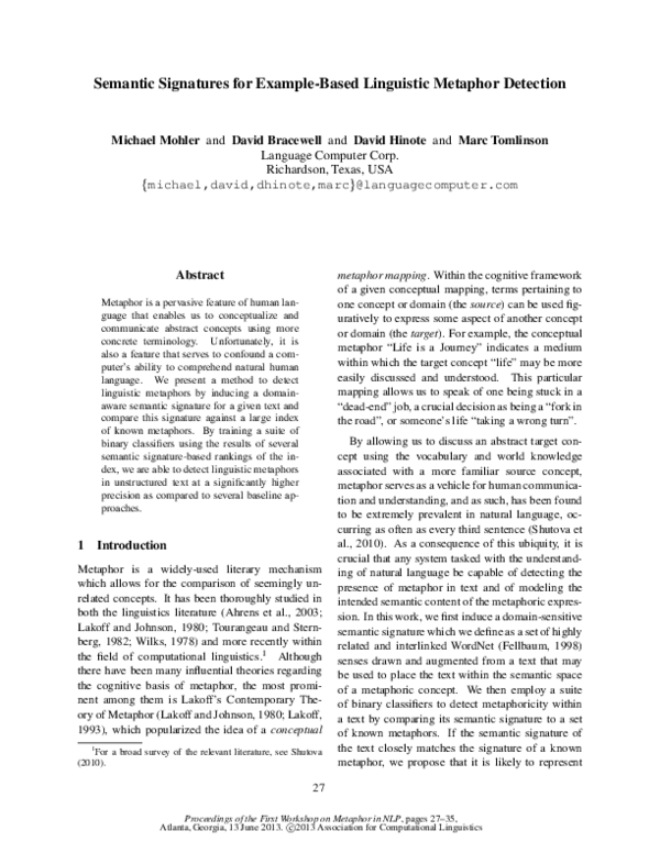 (PDF) Semantic signatures for example-based linguistic metaphor detection