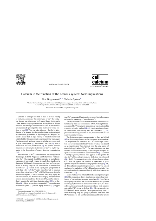 (PDF) Calcium in the function of the nervous system: New implications