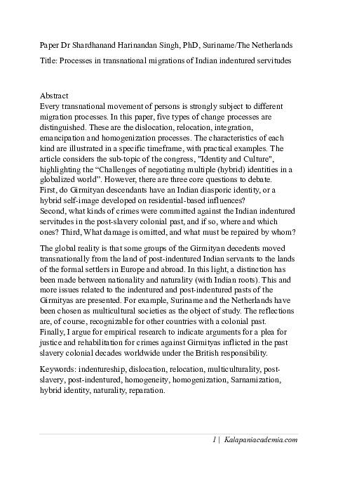 (DOC) Processes in transnational migrations of Indian indentured servitudes