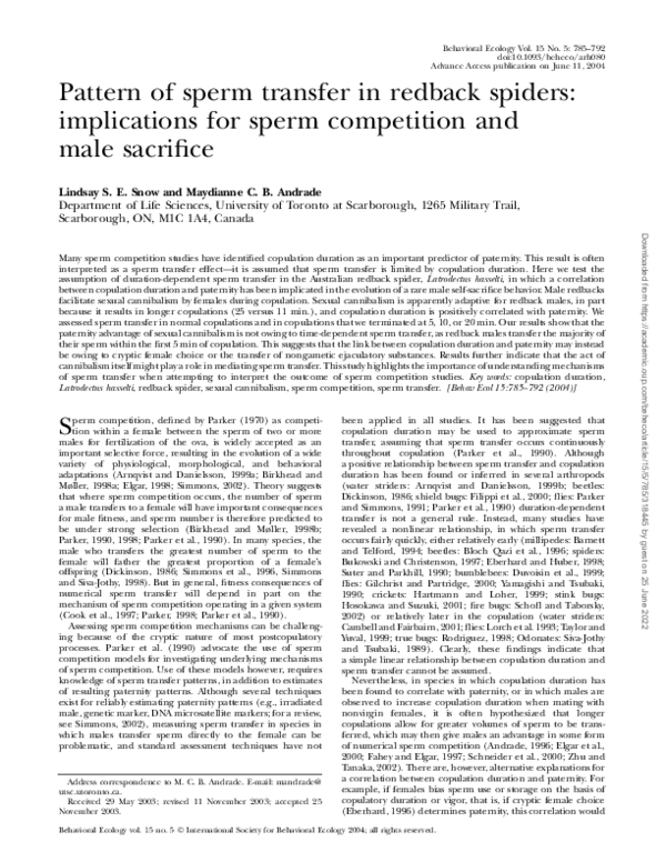 (PDF) Pattern of sperm transfer in redback spiders: implications for sperm competition and male ...