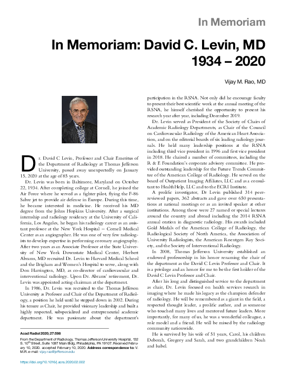 (PDF) In Memoriam: David C. Levin, MD 1934 – 2020
