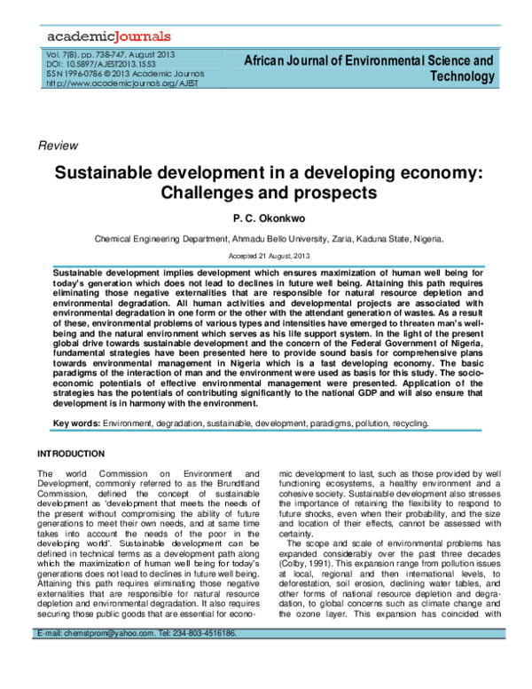 (PDF) Sustainable development in a developing economy: Challenges and ...