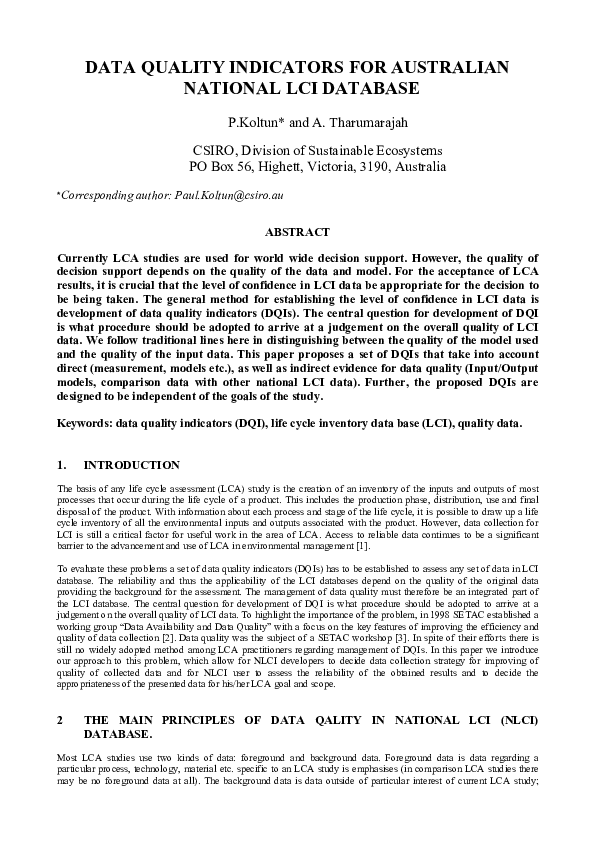 (PDF) Data Quality Indicators for Australian National Lci Database