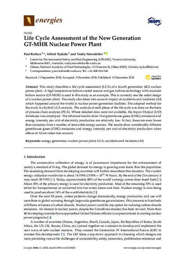 (PDF) Life Cycle Assessment of the New Generation GT-MHR Nuclear Power ...