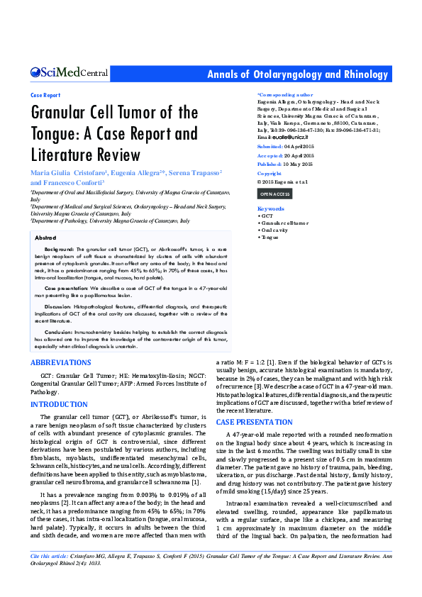 Pdf Granular Cell Tumor Of The Tongue A Case Report And Literature Review Serena Trapasso