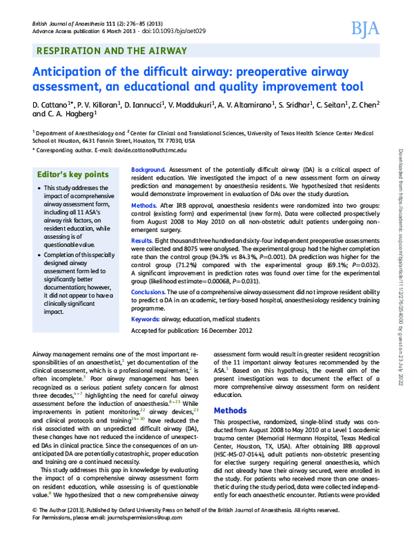 (PDF) Anticipation of the difficult airway: preoperative airway assessment, an educational and ...