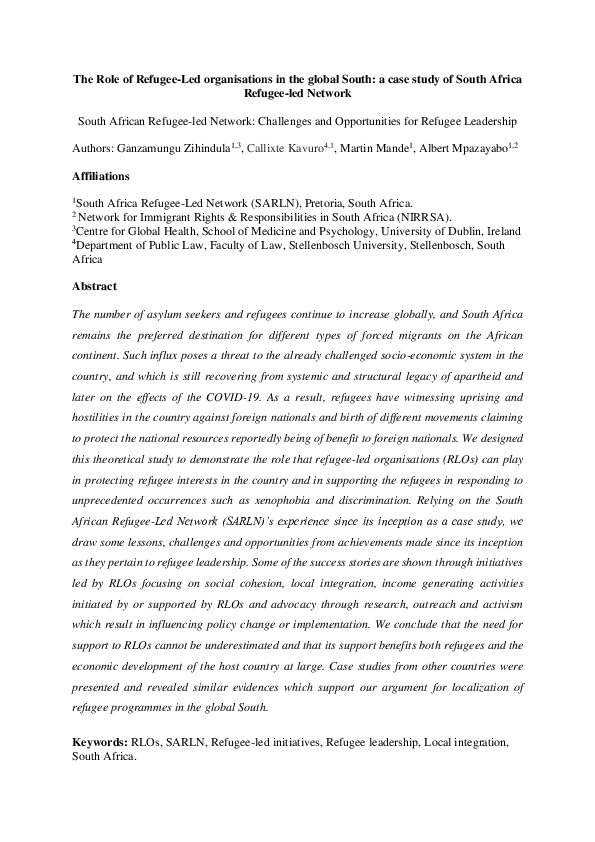 (PDF) The Role of Refugee-Led organisations in the global South: a case ...