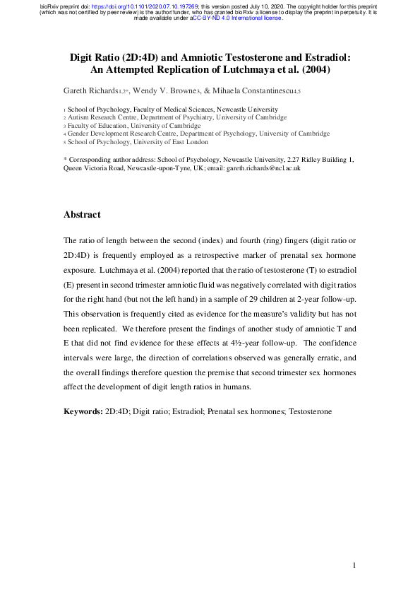 (PDF) Digit Ratio (2D:4D) and Amniotic Testosterone and Estradiol: An ...
