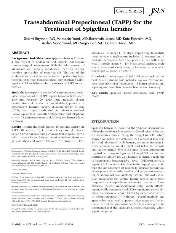 (PDF) Transabdominal Preperitoneal (TAPP) for the Treatment of Spigelian hernias