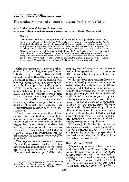 (PDF) Ciliated Protozoans' Trophic Response in Florida Lakes
