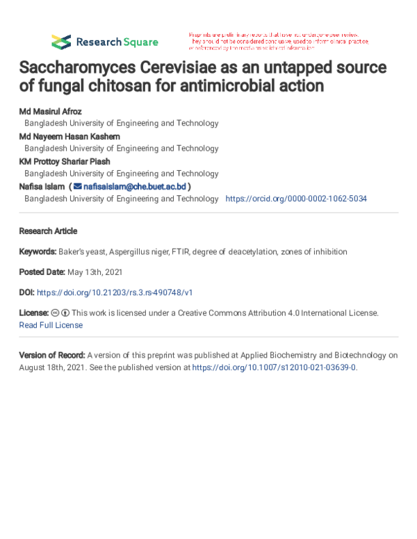 (PDF) Saccharomyces Cerevisiae as an Untapped Source of Fungal Chitosan for Antimicrobial Action