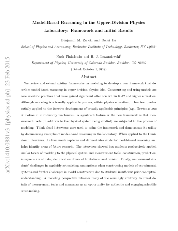 (PDF) Model-based reasoning in the physics laboratory: Framework and initial results