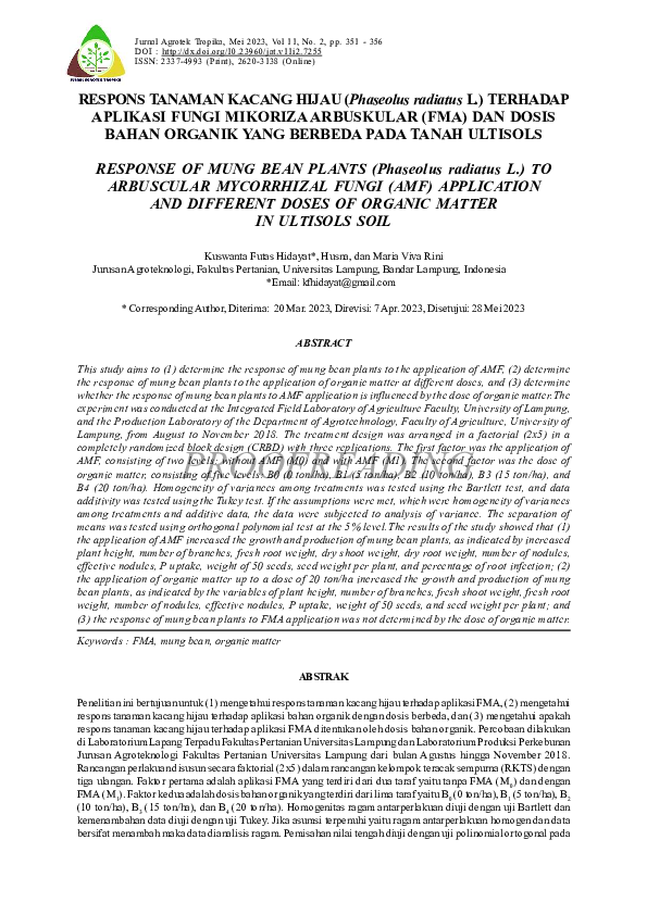 (PDF) RESPONS TANAMAN KACANG HIJAU (Phaseolus radiatus L.) TERHADAP APLIKASI FUNGI MIKORIZA ...