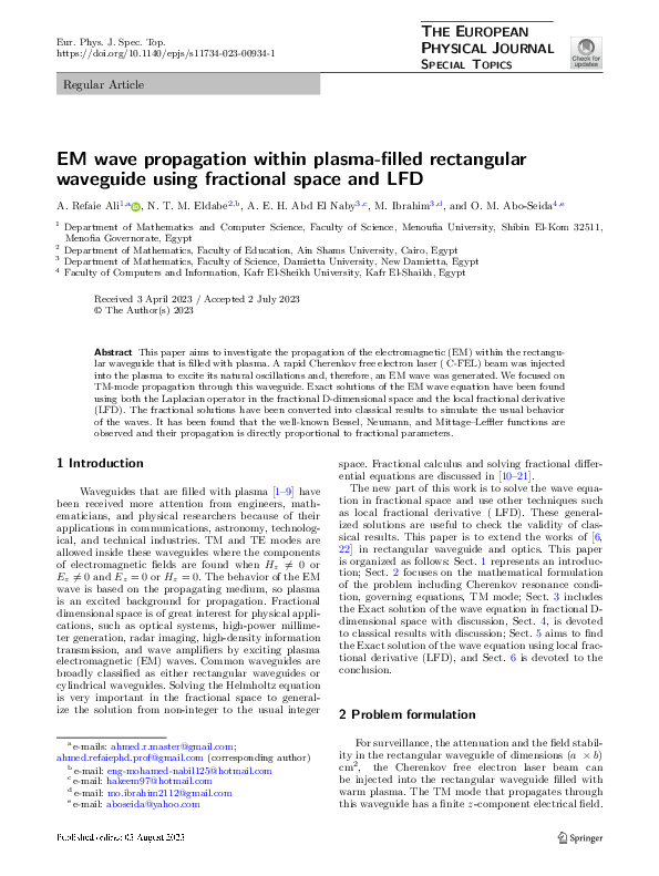 (PDF) EM wave propagation within plasma-filled rectangular waveguide using fractional space and LFD