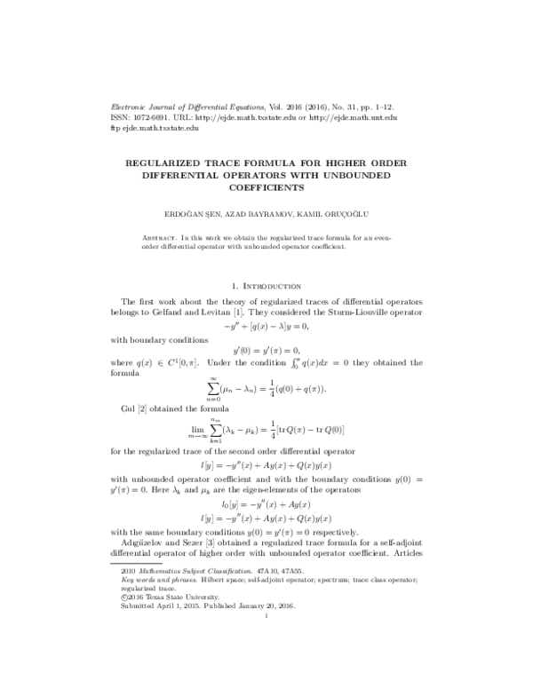 (PDF) Regularized Trace Formula for Higher Order Differential Operators with Unbounded Coefficients