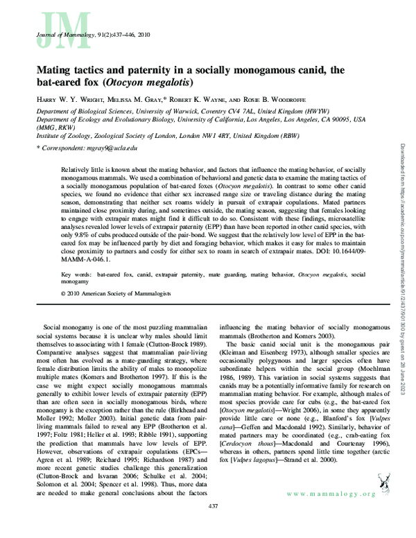 (PDF) Mating tactics and paternity in a socially monogamous canid, the ...