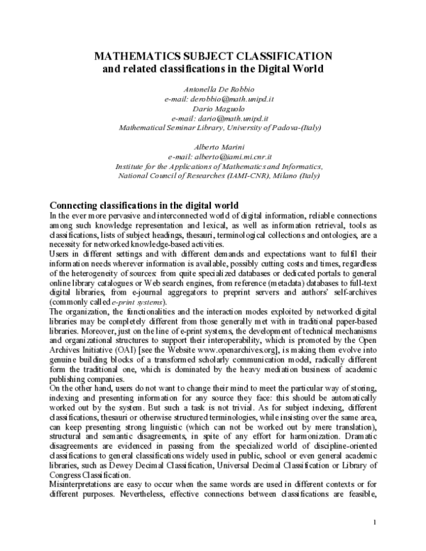 (PDF) Mathematics Subject Classification and related classifications in ...