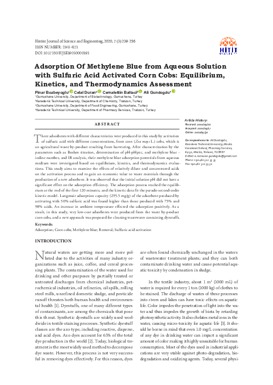 (PDF) Adsorption Of Methylene Blue from Aqueous Solution with Sulfuric Acid Activated Corn Cobs ...