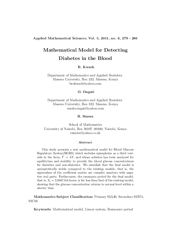 (PDF) Mathematical Model for Detecting Diabetes in the Blood