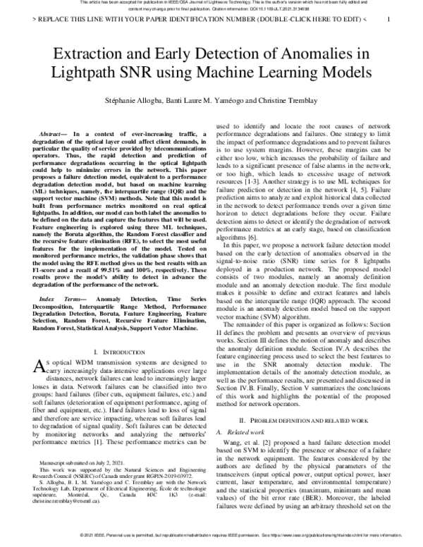 (PDF) Extraction and Early Detection of Anomalies in Lightpath SNR using Machine Learning Models