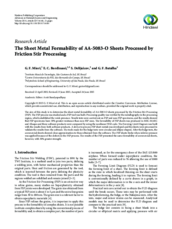 (PDF) The Sheet Metal Formability of AA-5083-O Sheets Processed by ...
