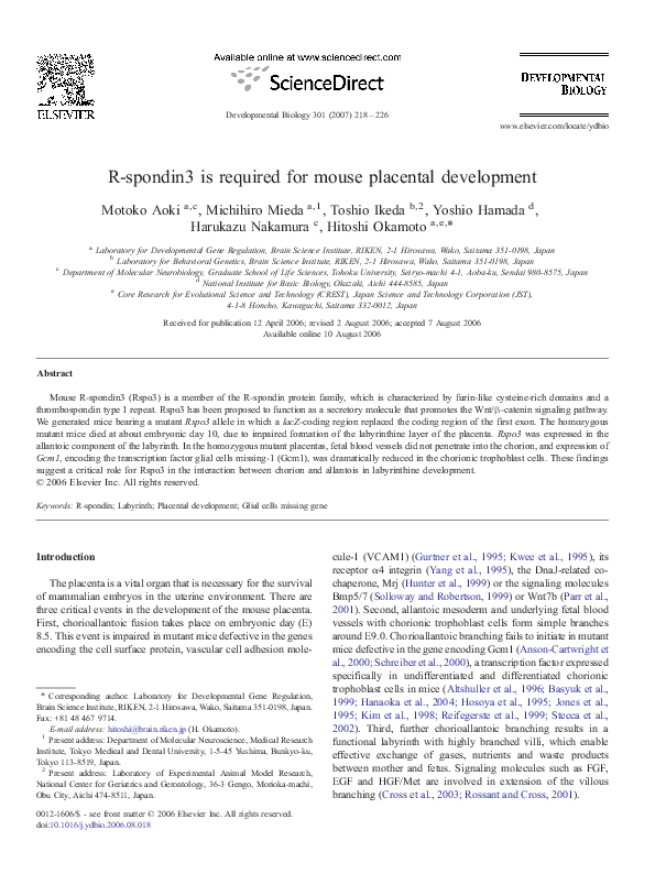 (PDF) R-spondin3 is required for mouse placental development