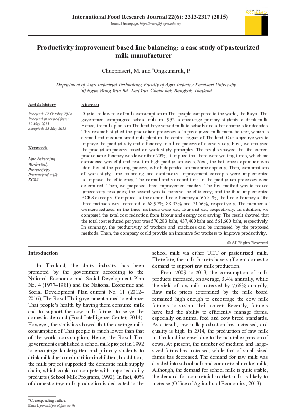 (PDF) Productivity improvement based line balancing: a case study of pasteurized milk manufacturer