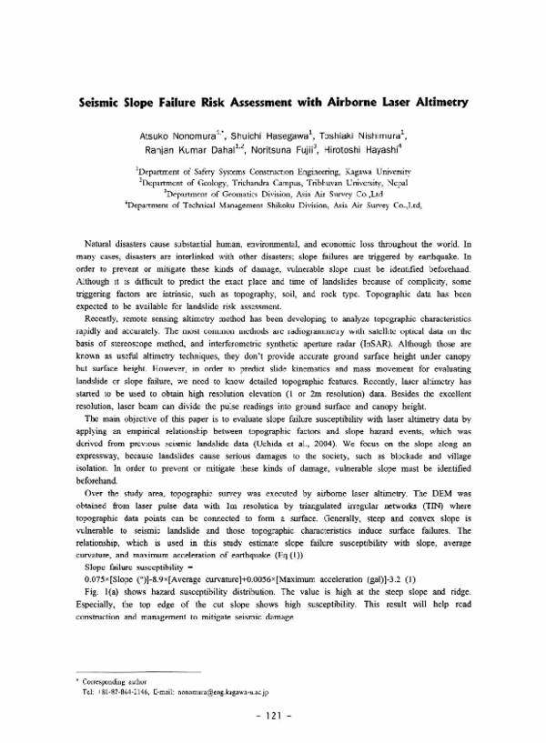 (PDF) Seismic Slope Failure Risk Assessment with Airborne Laser Altimetry