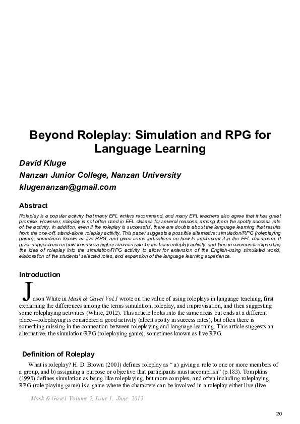 (PDF) Beyond Roleplay: Simulation and RPG for Language Learning