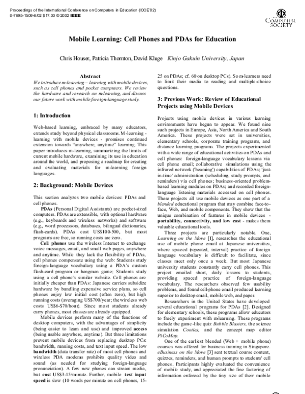 (PDF) Mobile learning: cell phones and PDAs for education | David Kluge - Academia.edu