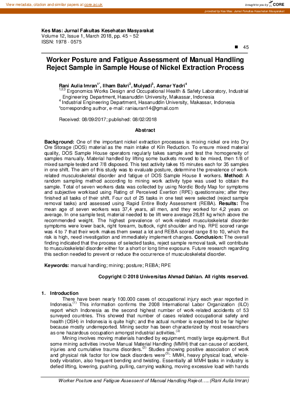 (PDF) Worker Posture and Fatigue Assessment of Manual Handling Reject ...