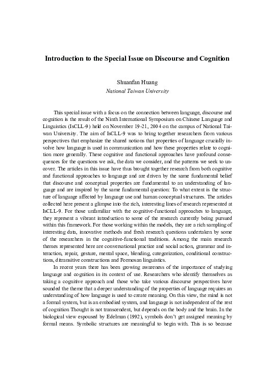 (PDF) Introduction to the Special Issue on Discourse and Cognition