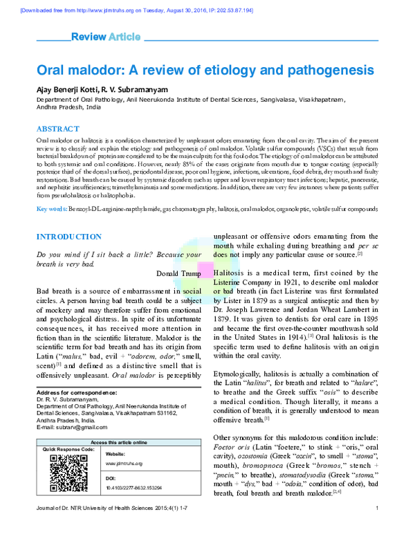 (PDF) Oral malodor: A review of etiology and pathogenesis