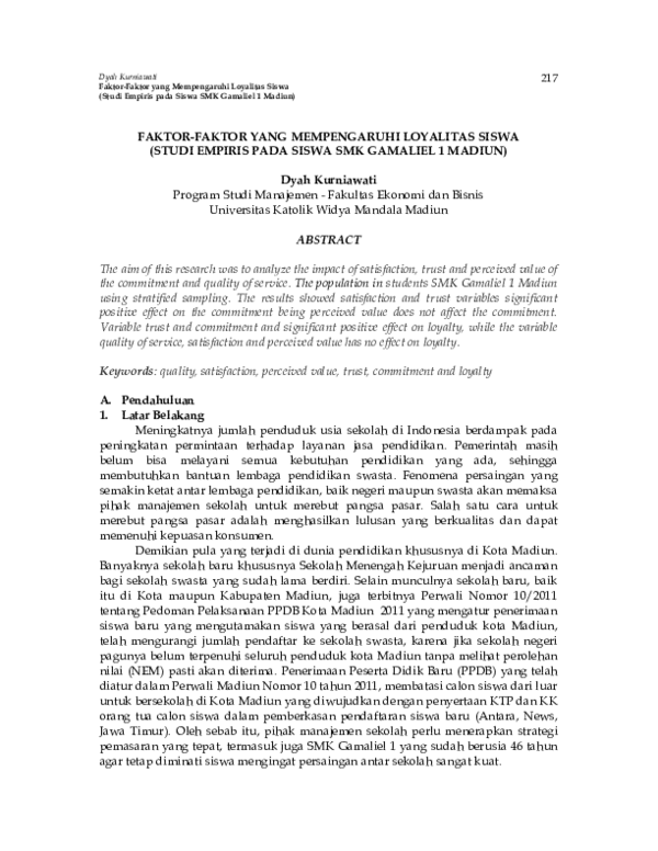 (PDF) Faktor-faktor yang mempengaruhi loyalitas siswa (studi empiris pada siswa SMK Gamaliel 1 ...